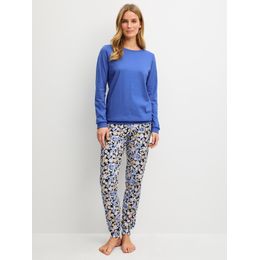 Calida Damen Schlafanzug "Flower Dreams", Gr. Ldeep cobalt, Interlock, Obermaterial: 100% Baumwolle, Homewear-Sets, Langarm, Rundhals,