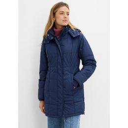 bonprix Long-Steppjacke wattiert mit Kragen und Kapuze, blau, Gr.44, Funktionale figurumschmeichelnde Long-Steppjacke mit abnehmbarer Kapuze