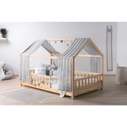 Ticaa Ticaa Kinderbett Hausbett mit T&uuml;ll Kim 90x200 cm, 100x200 cm, 120x200 cm, 140x200 f&uuml;r Jungen & M&auml;dchen, inkl. Rolllattenrost, Rausfallschutz variabel, Montessori Bett Natur aus Kiefer Massivholz