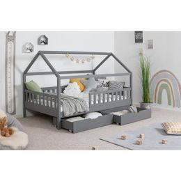Ticaa Kinderbett Hausbett Montessori Kay 90x200, 100x200 cm, 120x200 cm, 140x200 f&uuml;r Jungen & M&auml;dchen mit Schubladen, Rausfallschutz & Rolllattenrost - aus Kiefer Massivholz f&uuml;r Kinderzimmer