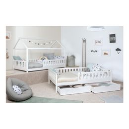 Ticaa 2 in 1 Hausbett Bodenbett wandelbar mit abnehmbaren Dach Duo 90x200, 100x200 cm, 120x200 cm, 140x200 Wei&szlig; f&uuml;r Jungen & M&auml;dchen mit Schubladen, Rausfallschutz & Rolllattenrost &ndash; aus Kiefer Massivholz