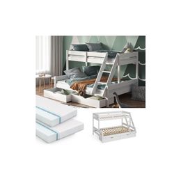 Vitalispa Hochbett Kinderbett Spielbett Everest Wei&szlig; modern 140x200 Massivholz Kinderzimmer Bett Lattenrost Bettleiter Kletterbett Doppelbett Geschwisterbett Bettschublade Rollschublade Matratze