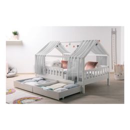 Ticaa Ticaa Kinderbett Hausbett mit T&uuml;ll Kim 90x200 cm, 100x200 cm, 120x200 cm, 140x200 cm f&uuml;r Jungen & M&auml;dchen, inkl. Rolllattenrost, Schubkasten und Rausfallschutz variabel, Montessori Bett Wei&szlig; aus Kiefer Massivholz
