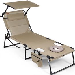 HOMECALL Gartenliege Sonnenliege mit Gesichts&ouml;ffnung und Sonnendach, klappbarer Liegestuhl-bis 180KG(Beige 1 st)