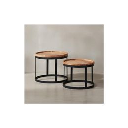 KADIMA DESIGN Beistelltisch-Set INDI: 2er Set, runde Tischplatten, Metallgestell, Massivholz, naturbelassen