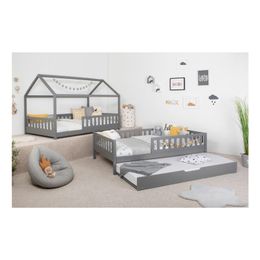 Ticaa 2 in 1 Hausbett Bodenbett wandelbar mit abnehmbaren Dach Duo 90x200, 100x200 cm, 120x200 cm, 140x200 Wei&szlig; f&uuml;r Jungen & M&auml;dchen mit Zusatzbett, Rausfallschutz & Rolllattenrost &ndash; aus Kiefer Massivholz