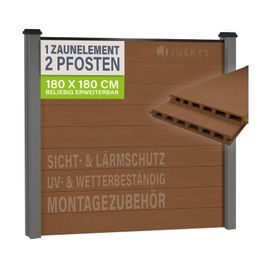 Juskys&reg; WPC Sichtschutzzaun 1er Set - 1x Element + 2x Pfosten & Zubeh&ouml;r, Gartenset WPC- & Stahlkonstruktion, Teak / Grau