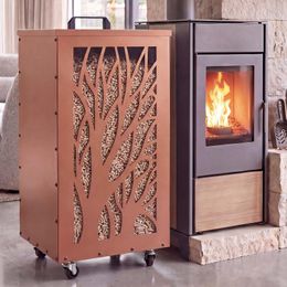 Pelletbeh&auml;lter MCW-Q30 B&auml;ume, Pelletbox Aufbewahrungsbox f&uuml;r z.B. Tierfutter, Rollen F&uuml;&szlig;e 86x36x36cm ~ kupferfarben