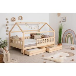 Ticaa Kinderbett Hausbett Montessori Kay 90x200, 100x200 cm, 120x200 cm, 140x200 f&uuml;r Jungen & M&auml;dchen mit Schubladen, Rausfallschutz & Rolllattenrost - aus Kiefer Massivholz f&uuml;r Kinderzimmer