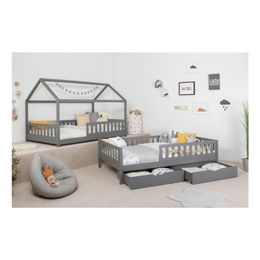Ticaa 2 in 1 Hausbett Bodenbett wandelbar mit abnehmbaren Dach Duo 90x200, 100x200 cm, 120x200 cm, 140x200 Wei&szlig; f&uuml;r Jungen & M&auml;dchen mit Schubladen, Rausfallschutz & Rolllattenrost &ndash; aus Kiefer Massivholz