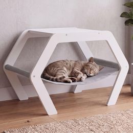 Katzenbett MCW-Q60, Plattform Haustierliege Katzenm&ouml;bel Ablage, Holz MVG 41x59x39cm ~ wei&szlig;, H&auml;ngematte grau