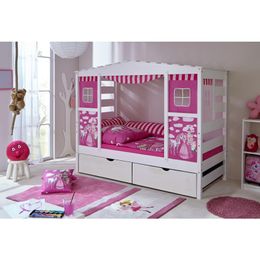 Ticaa Hausbett mit Bettkasten "Horse Rosa" Kiefer Wei&szlig;