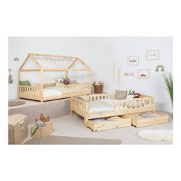 Ticaa 2 in 1 Hausbett Bodenbett wandelbar mit abnehmbaren Dach Duo 90x200, 100x200 cm, 120x200 cm, 140x200 Wei&szlig; f&uuml;r Jungen & M&auml;dchen mit Schubladen, Rausfallschutz & Rolllattenrost &ndash; aus Kiefer Massivholz