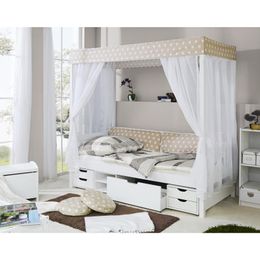 Ticaa Himmelbett "Beige" 310 Kiefer Wei&szlig; (Beige/Wei&szlig; Stern)