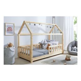 Ticaa Ticaa Kinderbett Hausbett Kay 90x200 cm, 100x200 cm, 120x200 cm, 140x200 f&uuml;r Jungen & M&auml;dchen, inkl. Rolllattenrost, Rausfallschutz variabel, Montessori Bett wei&szlig; aus Kiefer Massivholz