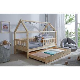 Ticaa Kinderbett Hausbett Montessori Kay 90x200, 100x200 cm, 120x200 cm, 140x200 f&uuml;r Jungen & M&auml;dchen mit Schubladen, Rausfallschutz & Rolllattenrost - aus Kiefer Massivholz f&uuml;r Kinderzimmer