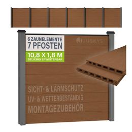 Juskys&reg; WPC Sichtschutzzaun 6er Set - 6x Element + 7x Pfosten & Zubeh&ouml;r, Gartenset WPC- & Stahlkonstruktion, Teak / Grau