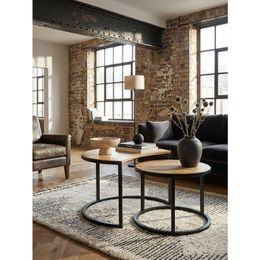 KADIMA DESIGN Couchtisch 2er Set Mango Massivholz Metall Rund Industrial, Hellbraun 41x60x41 cm