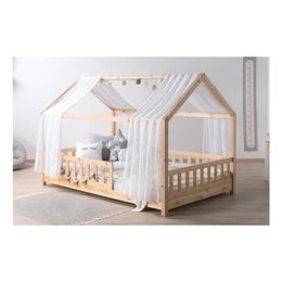 Ticaa Ticaa Kinderbett Hausbett mit T&uuml;ll Kim 90x200 cm, 100x200 cm, 120x200 cm, 140x200 f&uuml;r Jungen & M&auml;dchen, inkl. Rolllattenrost, Rausfallschutz variabel, Montessori Bett Natur aus Kiefer Massivholz