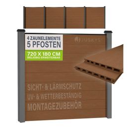 Juskys&reg; WPC Sichtschutzzaun 4er Set - 4x Element + 5x Pfosten & Zubeh&ouml;r, Gartenset WPC- & Stahlkonstruktion, Teak / Grau