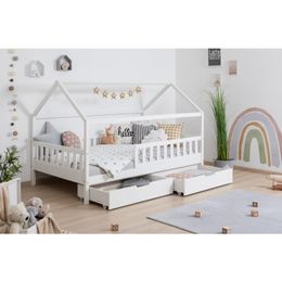 Ticaa Kinderbett Hausbett Montessori Kay 90x200, 100x200 cm, 120x200 cm, 140x200 f&uuml;r Jungen & M&auml;dchen mit Schubladen, Rausfallschutz & Rolllattenrost - aus Kiefer Massivholz f&uuml;r Kinderzimmer