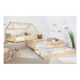 Ticaa 2 in 1 Hausbett Bodenbett wandelbar mit abnehmbaren Dach Duo 90x200, 100x200 cm, 120x200 cm, 140x200 Wei&szlig; f&uuml;r Jungen & M&auml;dchen mit Zusatzbett, Rausfallschutz & Rolllattenrost &ndash; aus Kiefer Massivholz