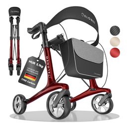 ELONEO Carbon Rollator faltbar und leicht mit Sitz, Leichtgewicht-Reiserollator ultraleicht 5,1 kg, Gehhilfe f&uuml;r Senioren 9-fach h&ouml;henverstellbar, mit Tasche, Rot - Gr&ouml;&szlig;e M