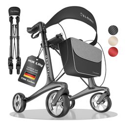 ELONEO Carbon Rollator faltbar und leicht mit Sitz, Leichtgewicht-Reiserollator ultraleicht 5,5 kg, Gehhilfe f&uuml;r Senioren 9-fach h&ouml;henverstellbar, mit Tasche, Anthrazit - Gr&ouml;&szlig;e L