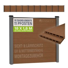 Juskys&reg; WPC Sichtschutzzaun 10er Set - 10x Element + 11x Pfosten & Zubeh&ouml;r, Gartenset WPC- & Stahlkonstruktion, Teak / Grau