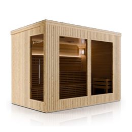 Artsauna&reg; Outdoor Sauna Visby300 aus WPC in Natur, 12 kW Saunaofen, LED-Beleuchtung, Bluetooth, Hemlockholz, Soundsystem, Zweistufige Bank, Saunakabine f&uuml;r 6-8 Personen