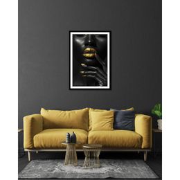 Bild mit Rahmen &raquo;Wandbild gerahmt FRAU SCHWARZ WEISS GOLD 50x70 cm &ndash; Modernes Glamour&laquo; Fashion Frau Gesicht Kunst Modern Portr&auml;ts 1 Stk. tlg. mit 