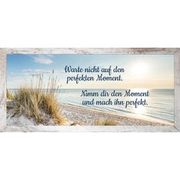 Bild mit Rahmen &raquo;Wandbild gerahmt STRAND MIT SPRUCH MOMENT 23x49 cm &ndash; Natur Wanddeko&laquo; Bilder vom Sonnenuntergang & -aufgang Spr&uuml;che Spr&uuml;che & Texte 