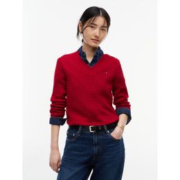 Tommy Hilfiger Damen Strickpullover &raquo;CO CABLE FINE GG V-NK LS SWT&laquo; Baumwolle, mit Zopfmuster rot M (40)