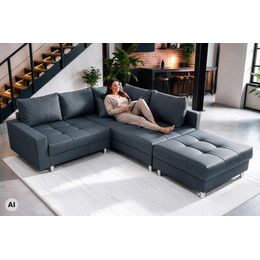 Riess Ambiente Moderne Wohnlandschaft KENT 220cm anthrazit Ecksofa Federkern inkl. Hocker und Kissen Riess-Ambiente L-Form Wohnzimmer