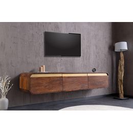 H&auml;ngendes TV-Board MONZA 160cm braun Mangoholz mit Lamellenfront und goldener Griffleiste Riess-Ambiente Natur Retro Vintage