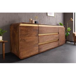 Design Sideboard MONZA 180cm braun Mangoholz mit Lamellenfront und goldener Griffleiste Riess-Ambiente Natur Retro Vintage