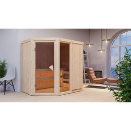 Karibu Elementsauna 'Almara 1' naturbelassen mit bronzierter T&uuml;r 9 kW Bio-Ofen Edelstahl externe Steuerung Easy 196 x 151 x 198 cm