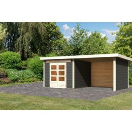 Karibu Gartenhaus-Set 'Landern 6' terragrau mit Anbaudach, Seiten- und R&uuml;ckwand 612 x 222 x 303 cm