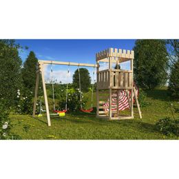 Karibu Spielturm 'Ritterburg L&ouml;wenherz' naturbelassene nordische Fichte 107 x 259,5 x 107 cm