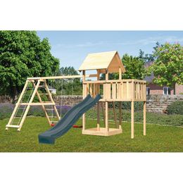 Karibu Kinderspielturm 'Lotti' Fichtenholz naturbelassen mit Rutsche anthrazit, Doppelschaukelanbau, Kletterger&uuml;st, Anbauplattform 107 x 291 x 107 cm