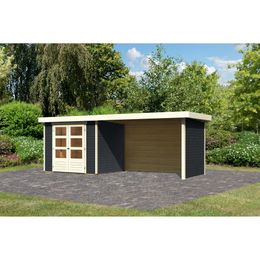 Karibu Gartenhaus-Set 'Raskola 3' anthrazit mit Anbaudach, R&uuml;ck- und Seitenwand 528,5 x 211 x 238 cm
