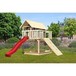 Karibu Stelzenhaus 'Karlie' terragrau mit Rutsche rot, Holzrampe 198 x 485 x 329,5 cm