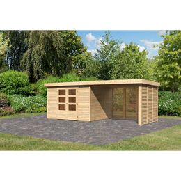 Karibu Gartenhaus-Set 'Raskola 5' naturbelassen mit Anbaudach und Feuerholzoption 591,5 x 211 x 262 cm