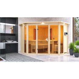 Karibu Infrarotkabine 'Aya' naturbelassen mit Kranz und bronzierter T&uuml;r 9 kW Ofen externe Steuerung 245 x 245 x 202 cm