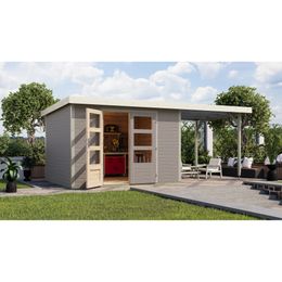 Karibu Gartenhaus-Set 'Komet 5 D' Fichtenholz wassergrau / wei&szlig; mit Anbaudach 2,35 m breit 514,5 x 209 x 242,5 cm