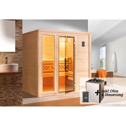 Weka Premium-Massivholzsauna 'Bergen 1' mit 7,5 kW OS-Ofenset, Steuerung, Glast&uuml;r, Fenster 188 x 138 x 205 cm