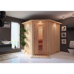 Karibu Elementsauna 'Alena' naturbelassen mit Kranz und Energiespart&uuml;r 210 x 184 x 202 cm