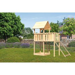 Akubi Spielturm 'Lotti' naturbelassen mit Anbauplattform und Netzrampe 107 x 291 x 107 cm