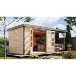Karibu Gartenhaus-Set 'Komet 4 A' Fichtenholz naturbelassen / graualuminium mit Anbaudach 2,35 m breit 514,5 x 209 x 213,5 cm