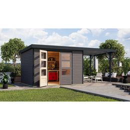Karibu Gartenhaus-Set 'Komet 5 B' Fichtenholz terragrau / anthrazit mit Anbaudach 2,35 m breit 514,5 x 209 x 242,5 cm